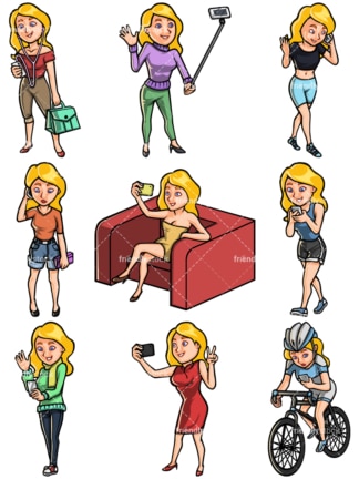 Woman Using Mobile Phone Collection Vector Cartoon Clipart - FriendlyStock