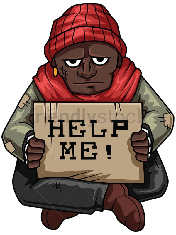 Homeless Black Male Beggar Vector Cartoon Clipart - FriendlyStock
