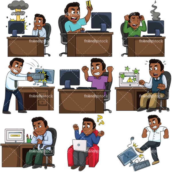 Angry Black Man Wrecking Computer Cartoon Vector Clipart - FriendlyStock