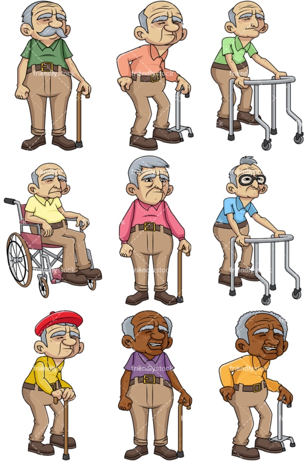 Frail Old Man With Walker Cartoon Vector Clipart - FriendlyStock