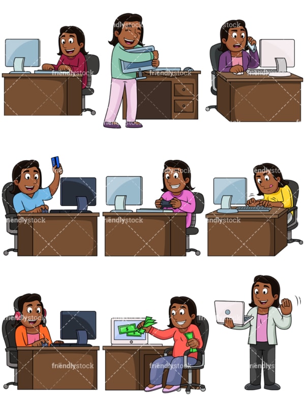 Black Woman With Computer In Her Hug Cartoon Vector Clipart - FriendlyStock