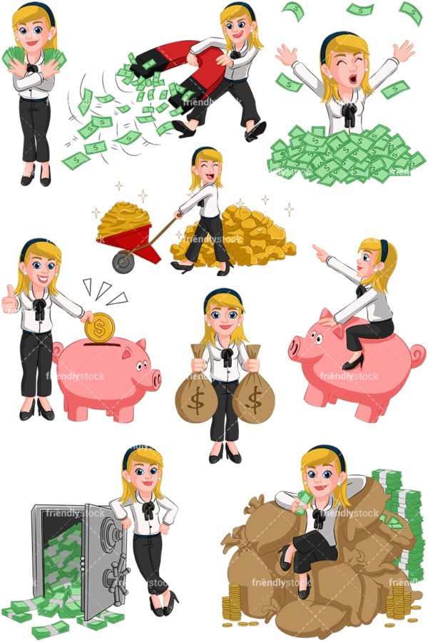Businesswoman In Pile Of Cash Vector Cartoon Clipart - FriendlyStock