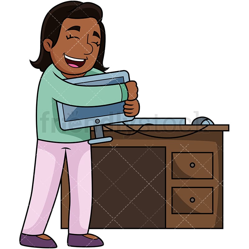 Black Woman With Computer In Her Hug Cartoon Vector Clipart - FriendlyStock