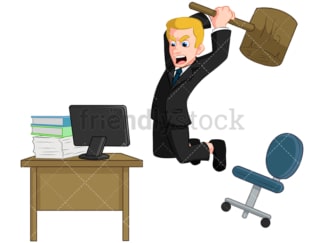 Angry Businessman Smashing Computer Cartoon Vector Clipart - FriendlyStock