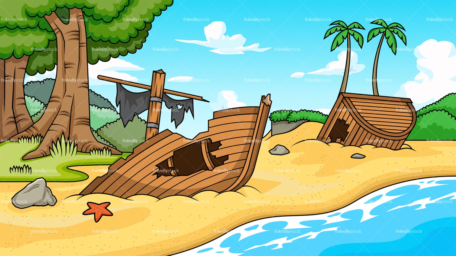 Shipwreck At The Beach Background Cartoon Clipart - FriendlyStock