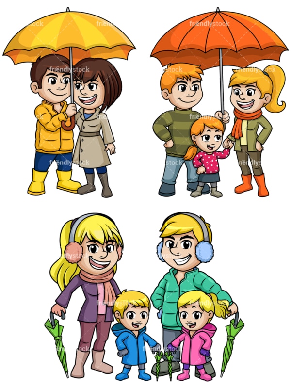 Winter Family Dressed For Rain Cartoon Clipart Vector - FriendlyStock