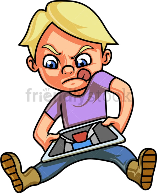 Distracted Boy Using Tablet Cartoon Clipart Vector - FriendlyStock