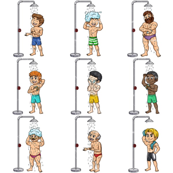 Caucasian Man Taking A Shower Cartoon Clipart Vector - FriendlyStock
