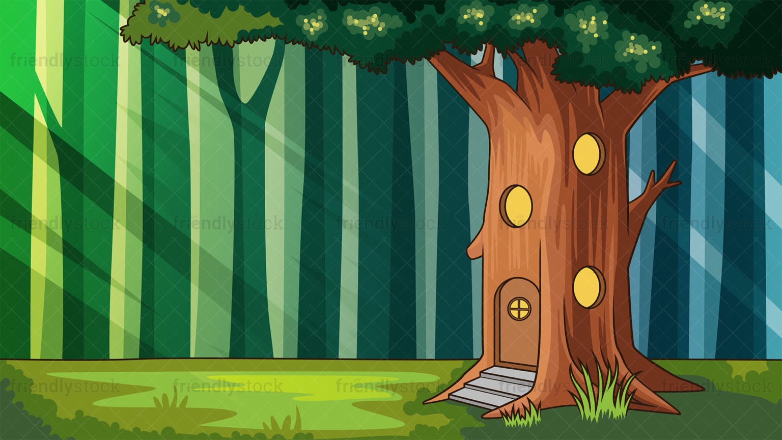 Treehouse In The Forest Background Cartoon Vector Clipart - FriendlyStock