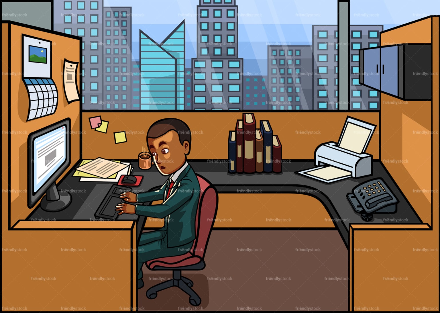 Black Man At The Office Cheering Cartoon Scene - FriendlyStock