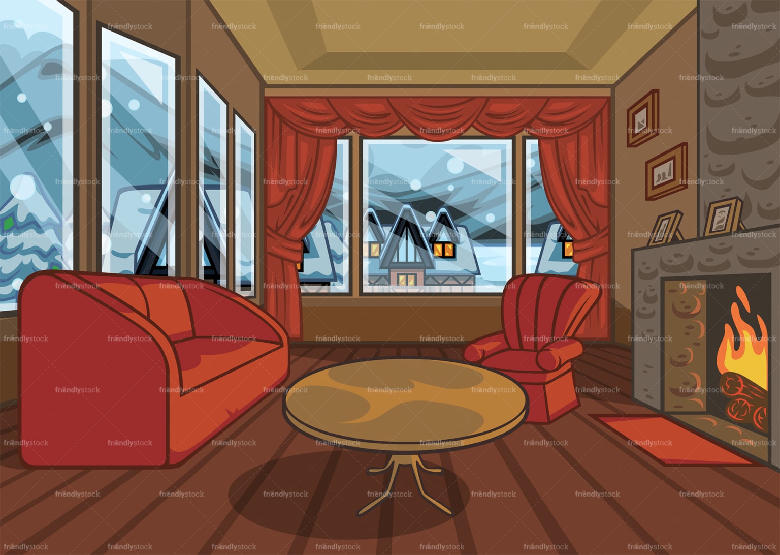 Living Room With Fireplace Background Cartoon Vector - FriendlyStock