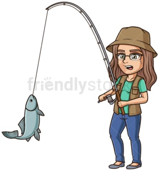 Woman Reeling In Fish Cartoon Clipart Vector - FriendlyStock