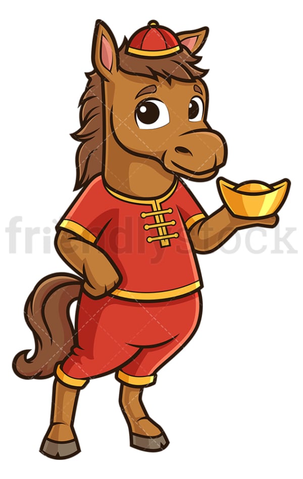 New Year Horse Holding Chinese Gold Ignot Cartoon Clipart Vector ...