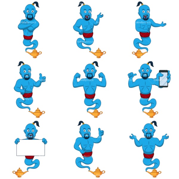 Blue Genie Flexing Cartoon Clipart Vector - FriendlyStock