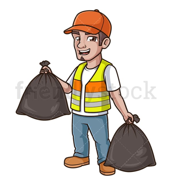 Garbageman Pulling Trash Bin Cartoon Clipart Vector - FriendlyStock