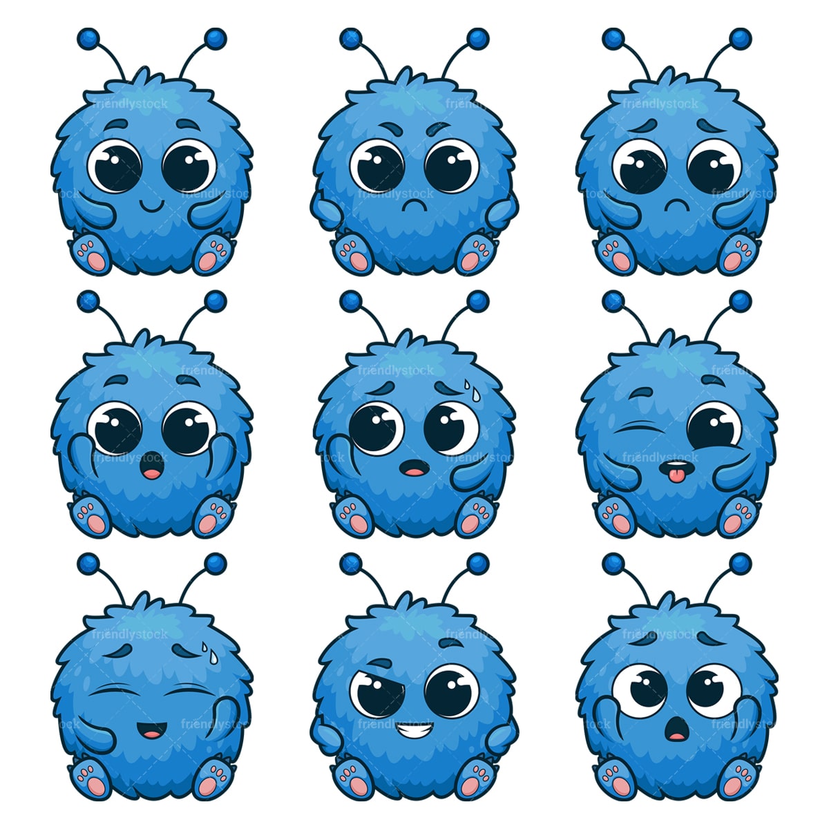 Blue Fluffy Monster Emotions Clipart Vector Collection - FriendlyStock